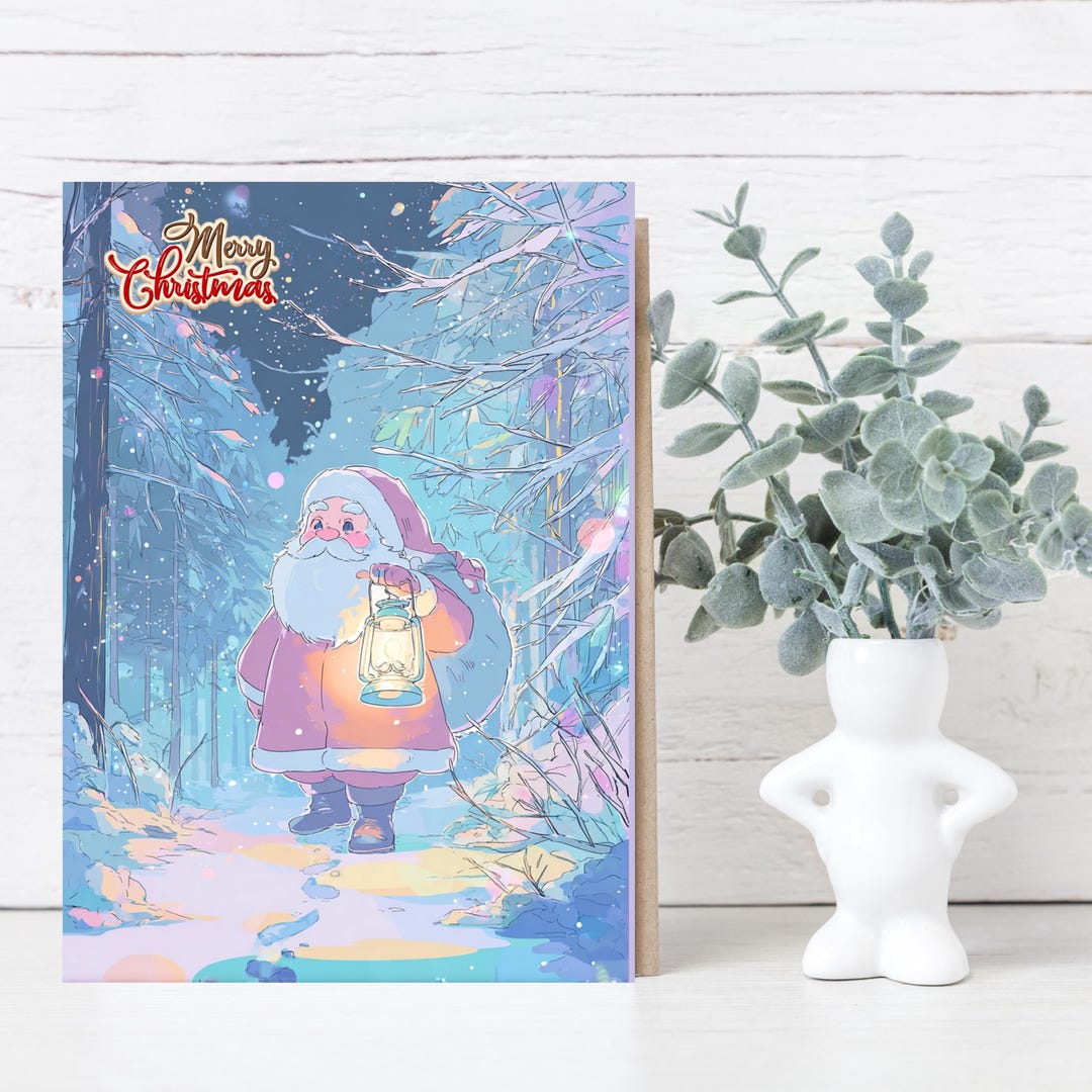 Carte de Noël anime père Noël • Art de la lanterne de la forêt enneigée ...