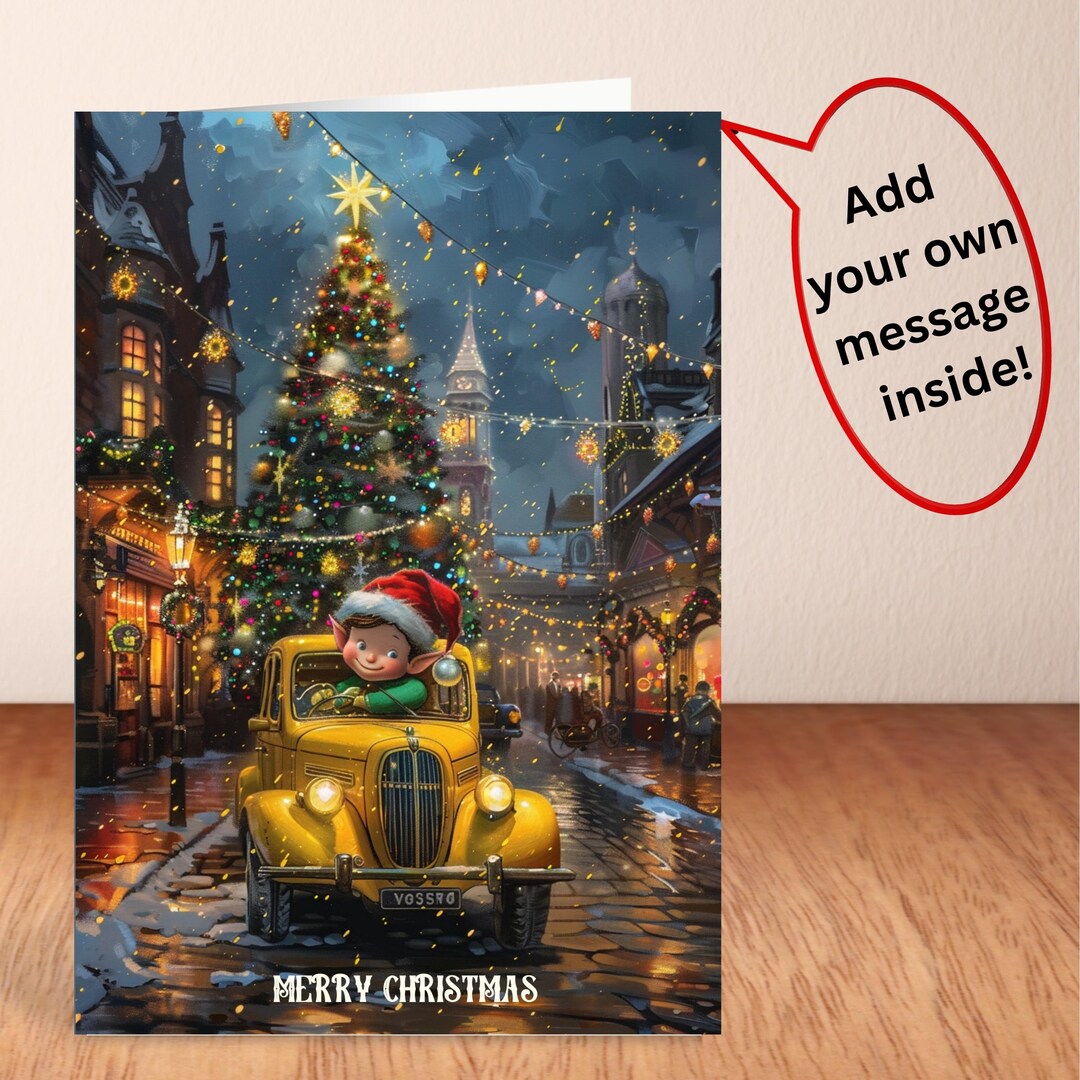 Elf in Yellow Car Vintage Christmas Card • Printable Holiday • Card ...