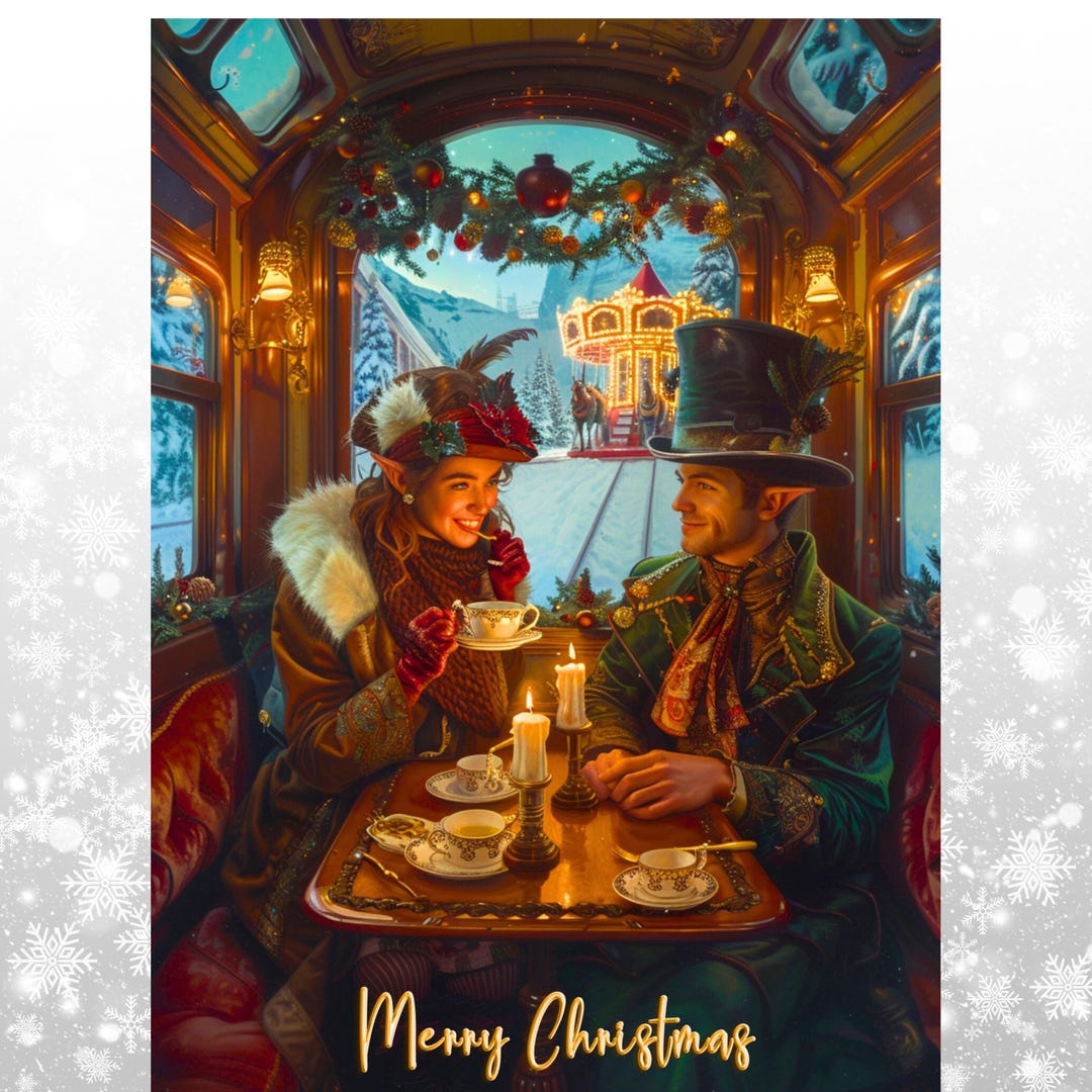 Vintage Elves Tea Party Christmas Card • Printable Holiday Greeting ...