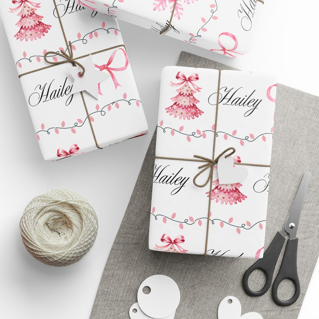 Pink Holiday Bow Pattern Wrapping Paper | Personalized Name Script - Etsy