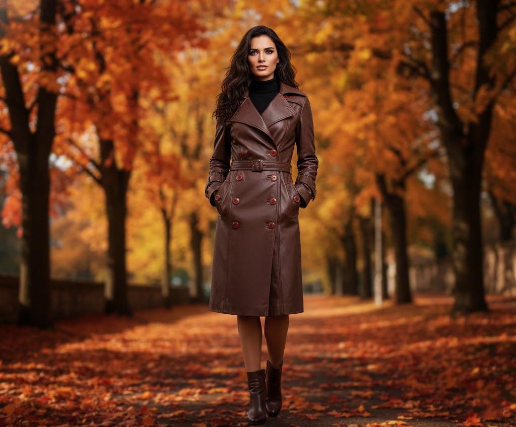 Women's Genuine Brown Leather Trench Coat | Elegant Belted Long ...