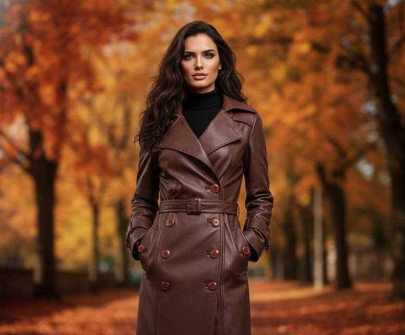 Women's Genuine Brown Leather Trench Coat | Elegant Belted Long ...