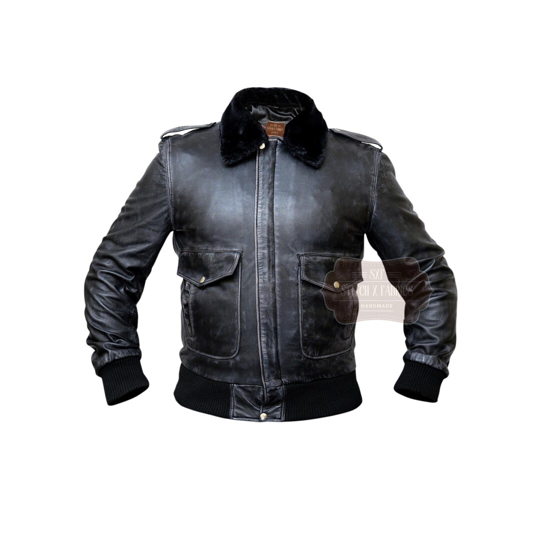Men's Black Leather Pilot Bomber Jacket - Shearling Collar Aviator ...