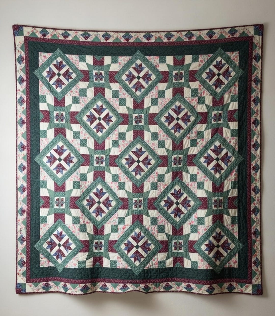 Vintage Ohio Star Quilt Teal Burgundy Floral Calico Scalloped Edge ...