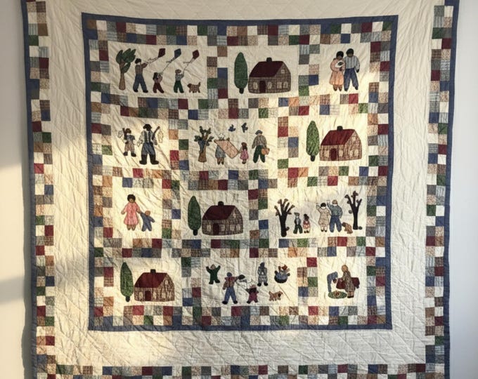 Handmade Family Fishing Quilt Appliqué Fishermen With Plaid Patchwork ...