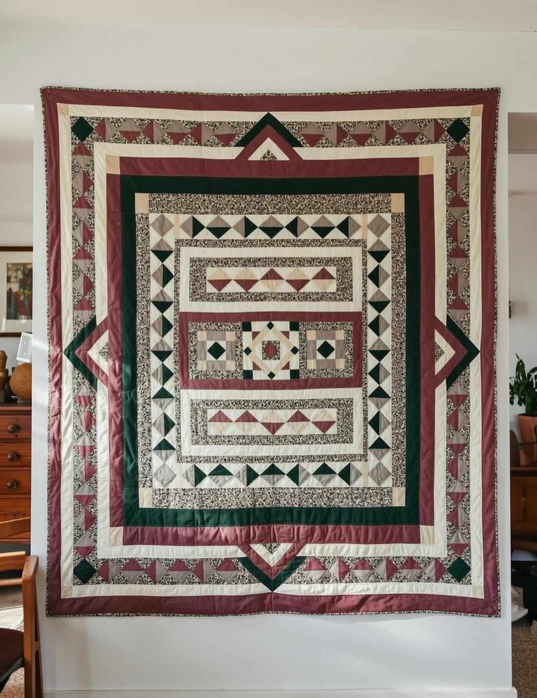 Vintage 1980s Arch Quilt Burgundy Hunter Green Cream Geometric ...