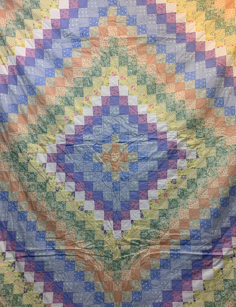 Vintage Trip Around the World Quilt Pastel Colors Queen King Size ...