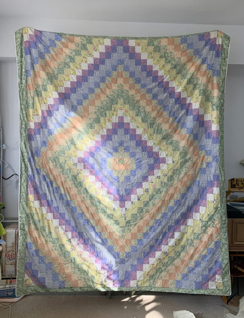 Vintage Trip Around the World Quilt Pastel Colors Queen King Size ...