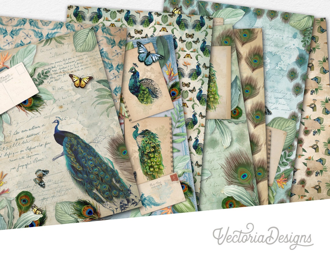 Proud Peacocks Paper Pack, Digital Paper Pack, Scrapbook Paper, Peacock ...