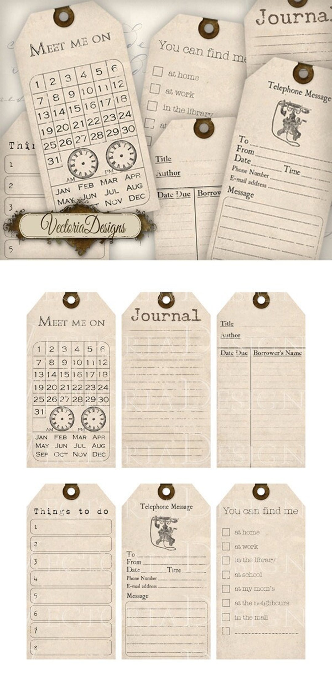 Organizing Printable Journal Tags Journaling Shabby Elegant Cards ...