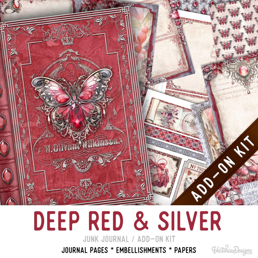 Deep Red & Silver Junk Journal Kit ADD-ON, Printable Junk Journal Pages ...