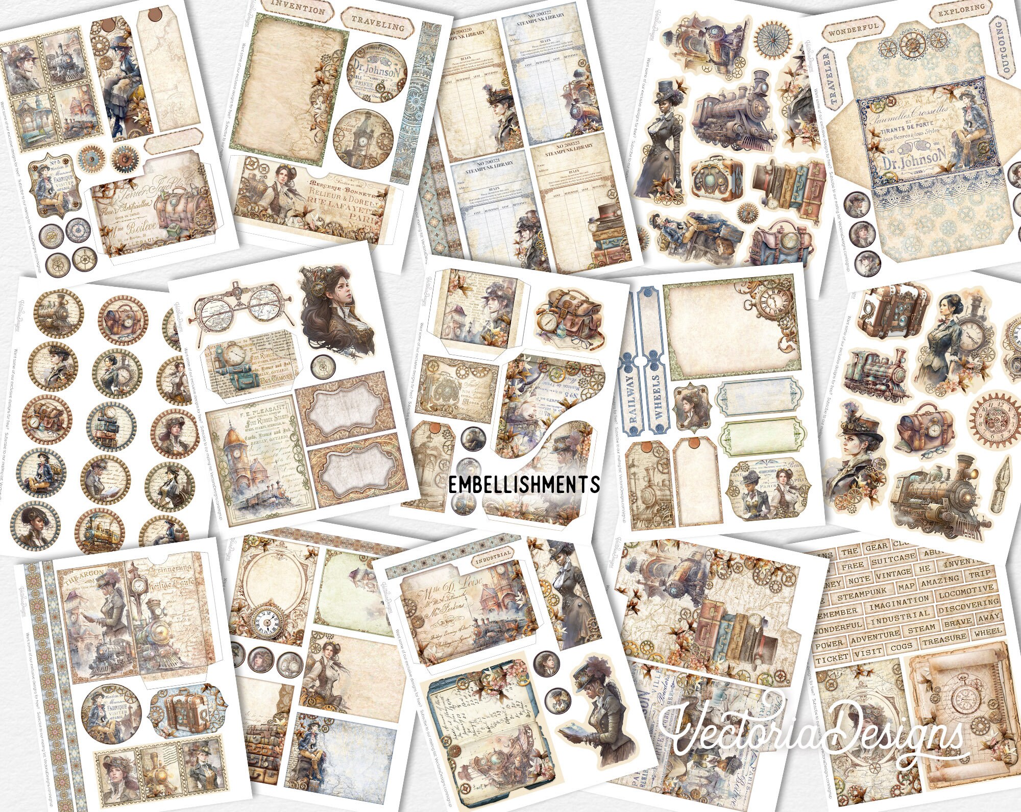 Steampunk Trains Junk Journal Kit, Trains Crafting Printables Kit ...
