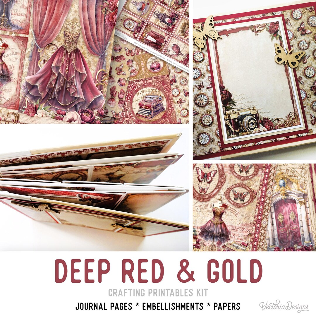 Deep Red & Gold Junk Journal Kit, Red Crafting Printables Kit Gold ...