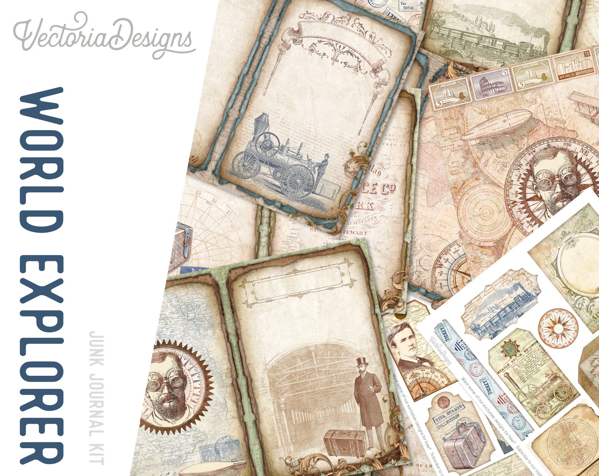 World Explorer Junk Journal Kit, Printable Embellishments, Explorer ...