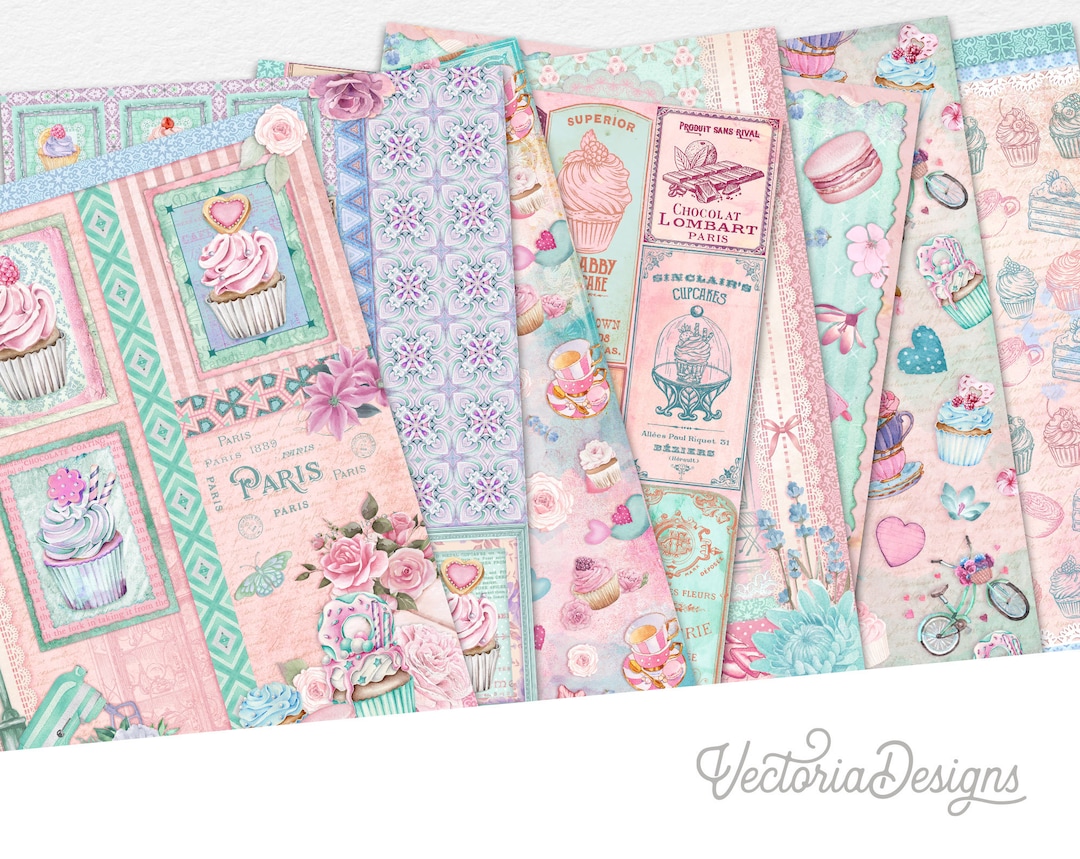 Vintage Cupcakes Paper Pack, Shabby Chic Cupcakes, Printable Cupcake ...
