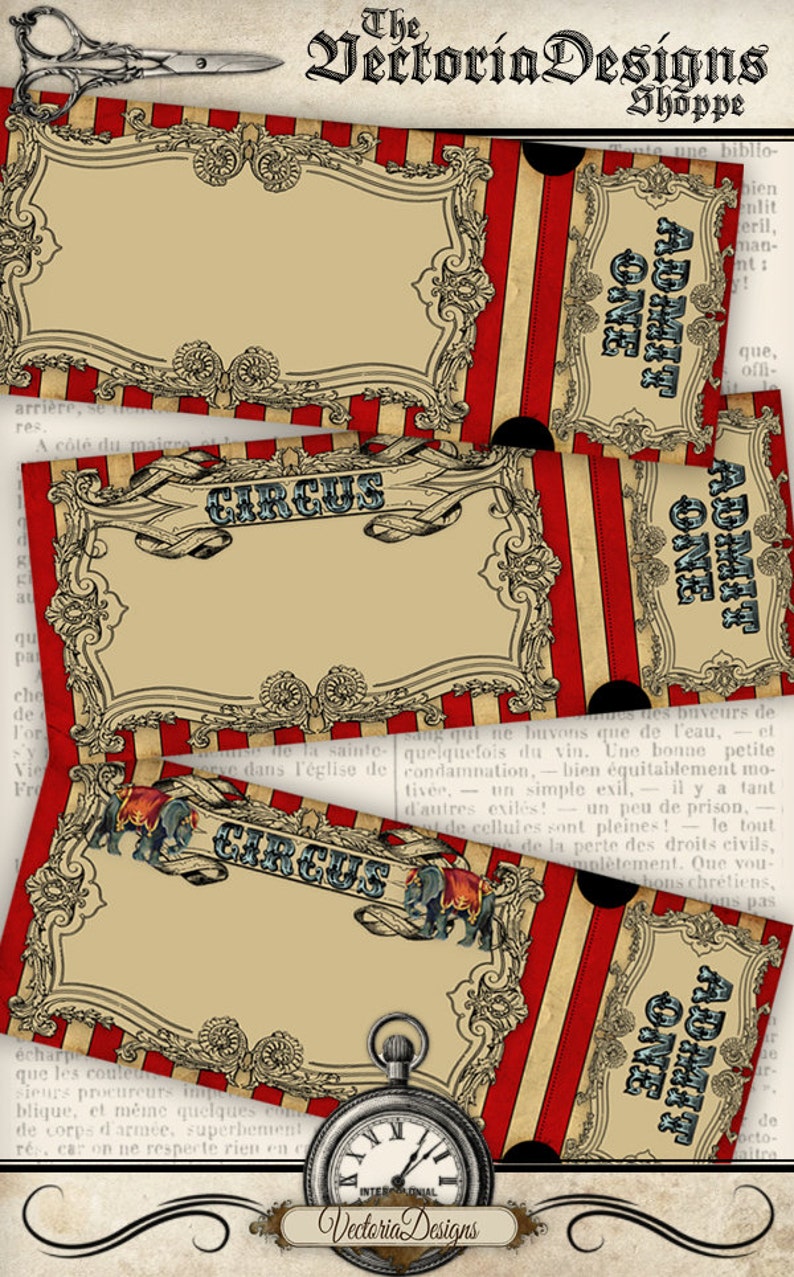 Circus Invitation Tickets, Circus Party Tickets, Vintage Circus Tickets ...