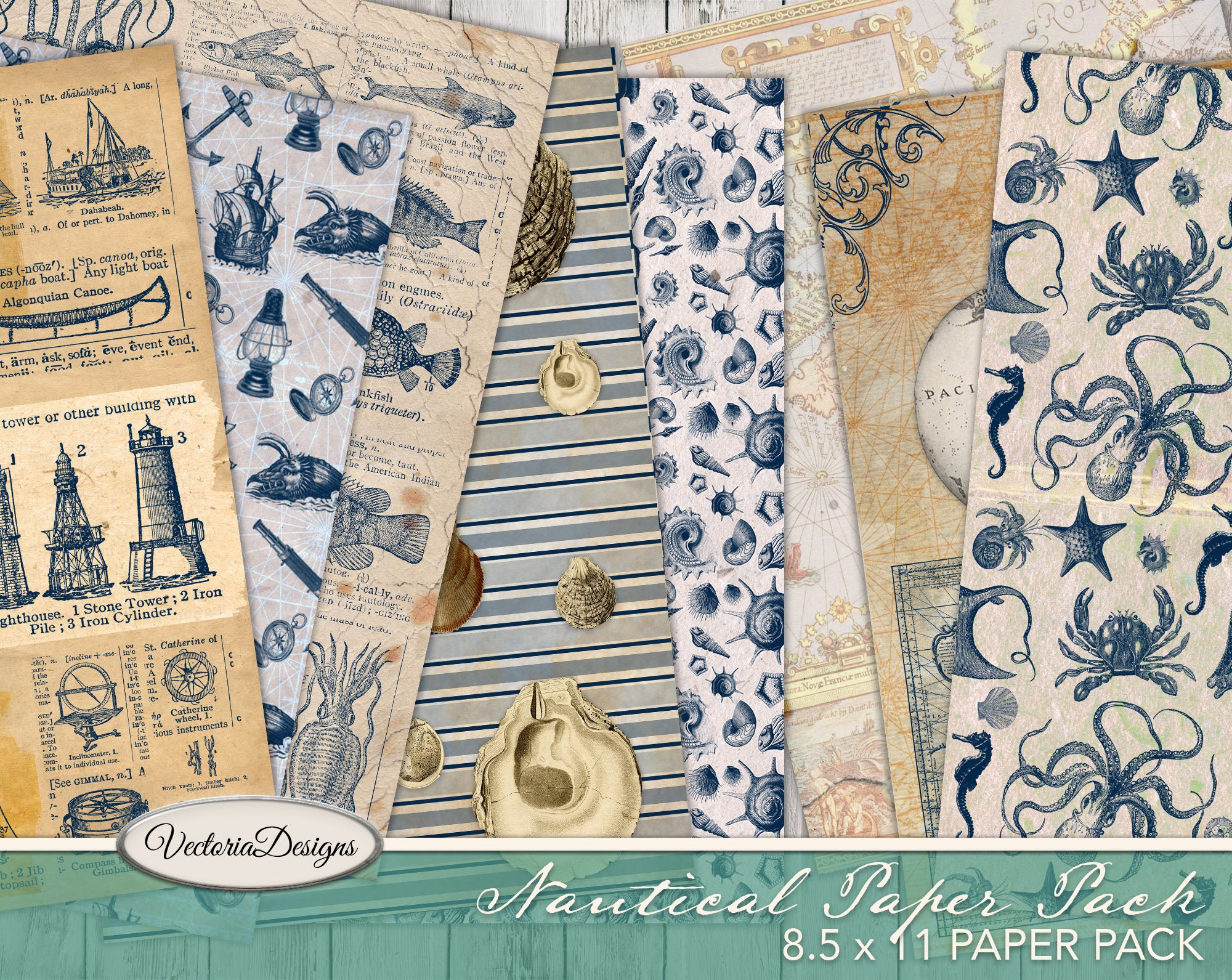 Nautical Paper Pack, Printable Paper Pack, Digital Sea Paper, Instant ...