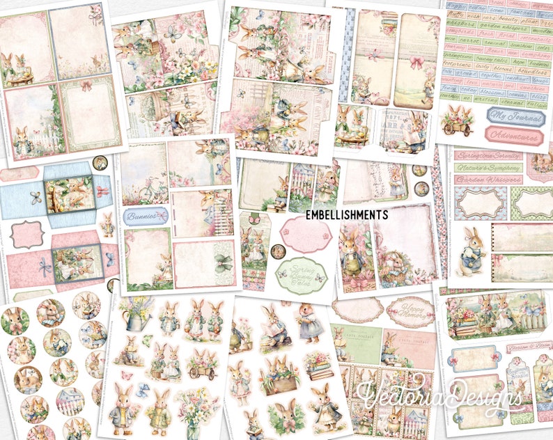 Spring Bunnies Junk Journal Kit, Bunny Crafting Printables Kit Bunny ...