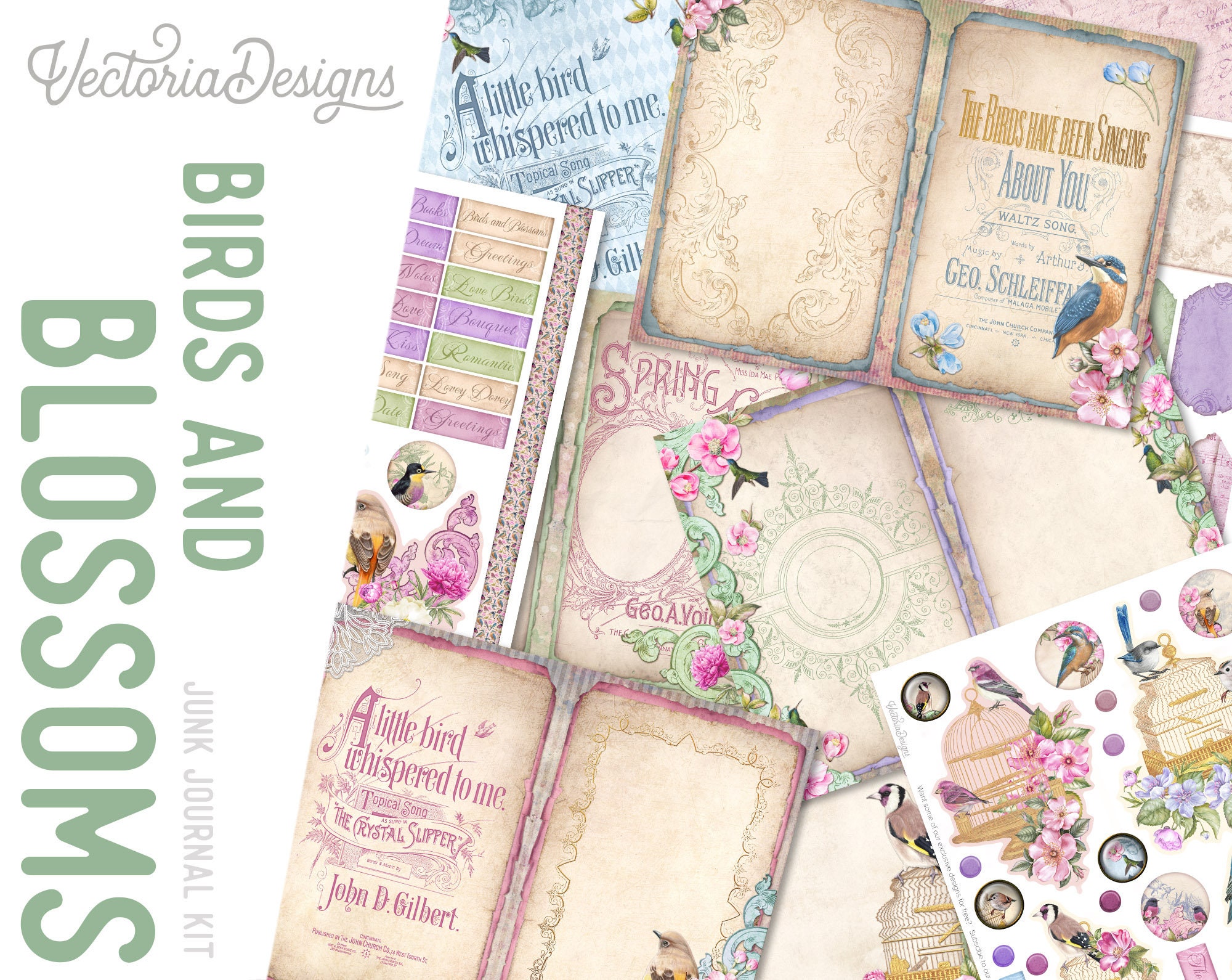 Birds & Blossoms Junk Journal Kit, Birds Embellishments, Birds Junk ...