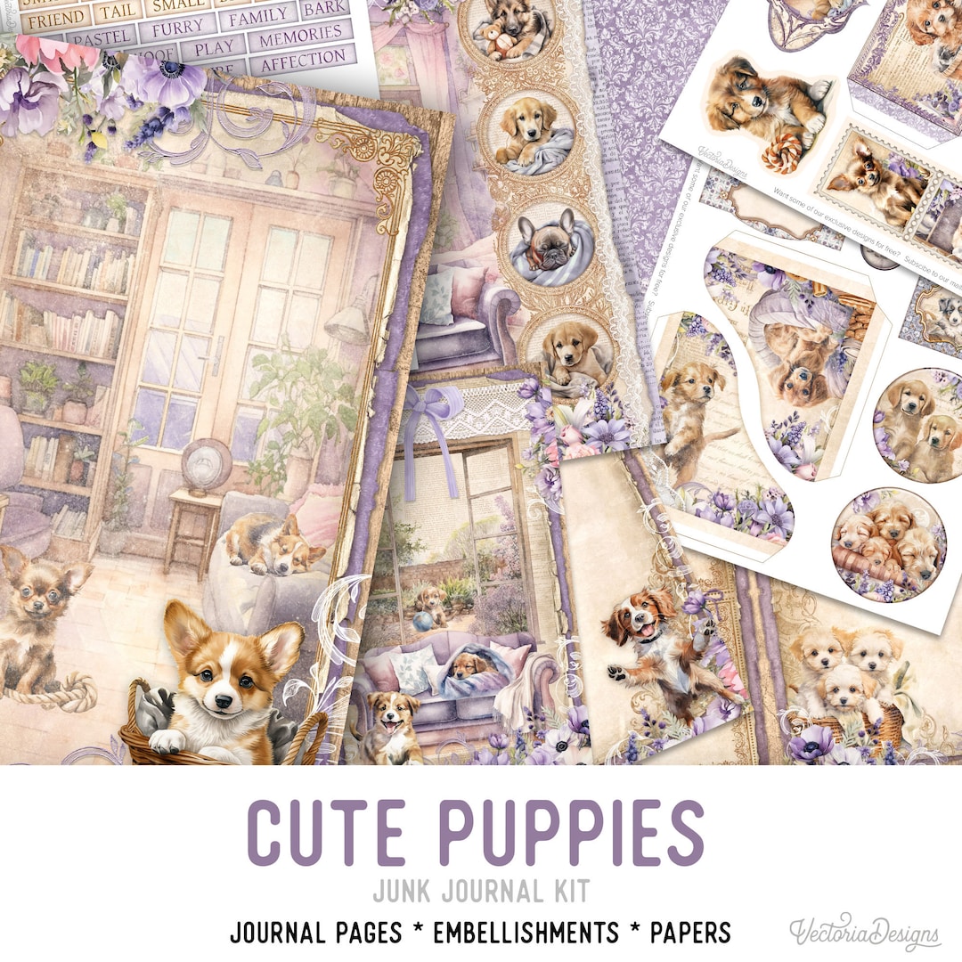 Cute Puppies Junk Journal Kit, Puppy Printable Junk Journal Kit Puppy ...