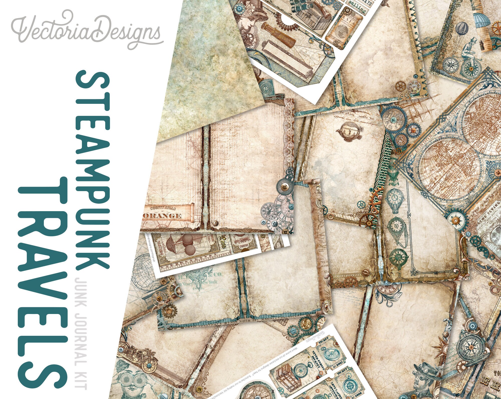 Steampunk Travels Junk Journal Kit, Steampunk Embellishments, Steampunk ...