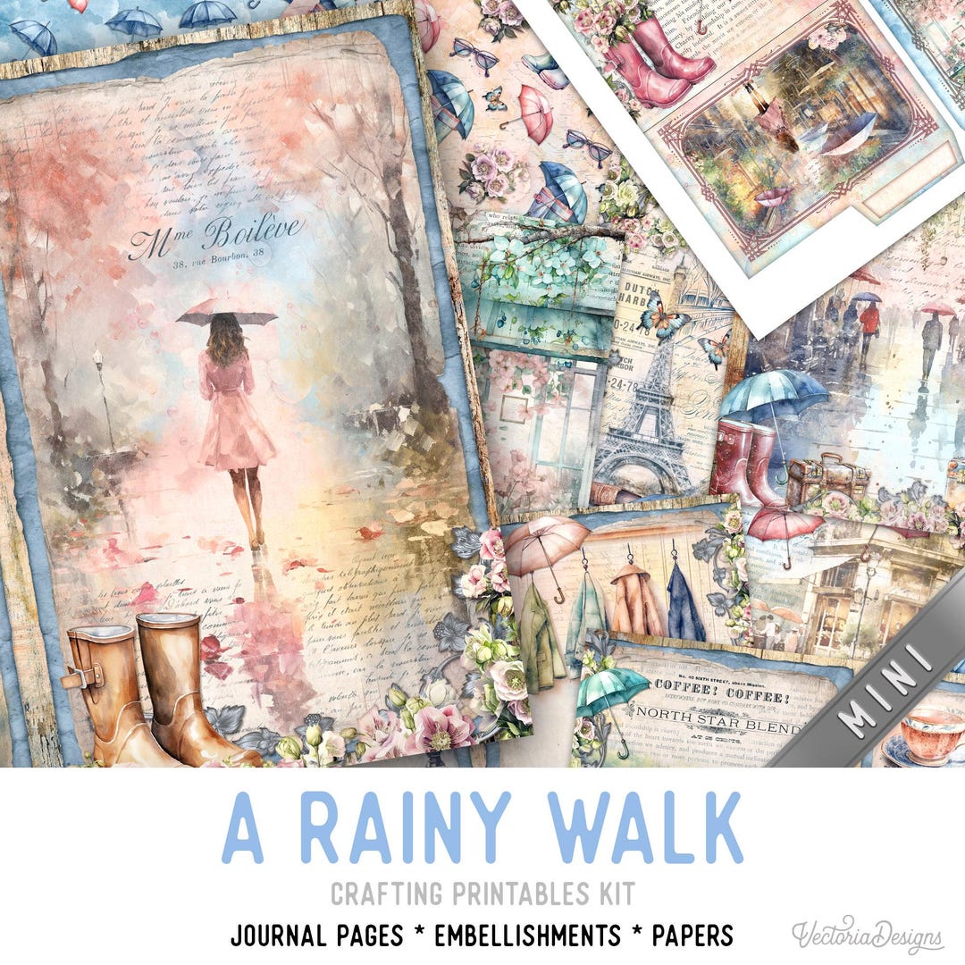 A Rainy Walk Junk Journal Kit MINI, Rain Crafting Printables Rain ...