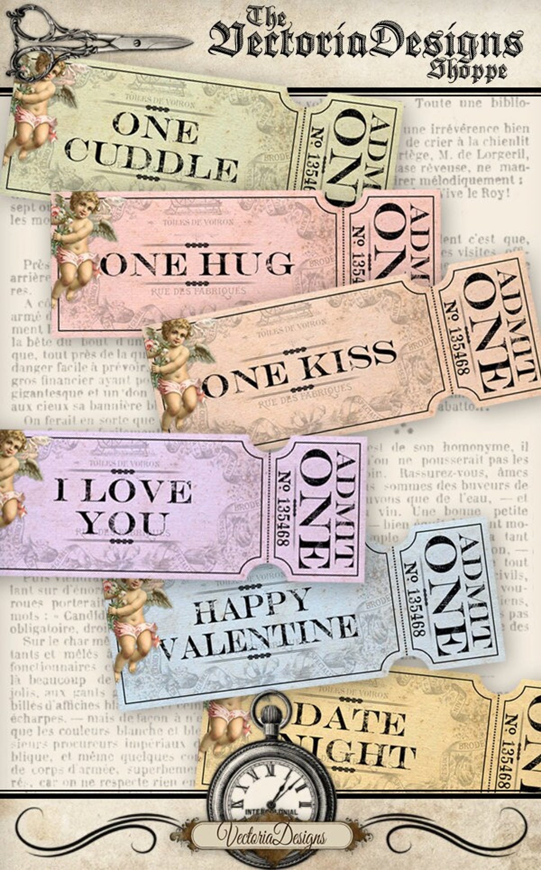 Love Coupons, Vintage Valentine Tickets, Love Tickets, Printable ...
