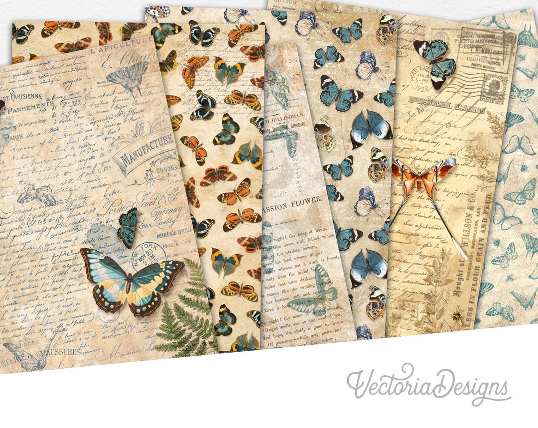 Shabby Vintage Butterflies Paper Pack, Digital Scrapbook Paper, Digital ...