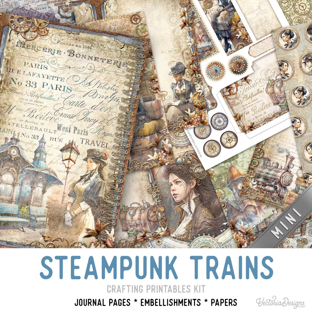Steampunk Trains Junk Journal Kit MINI, Trains Crafting Printables Kit ...