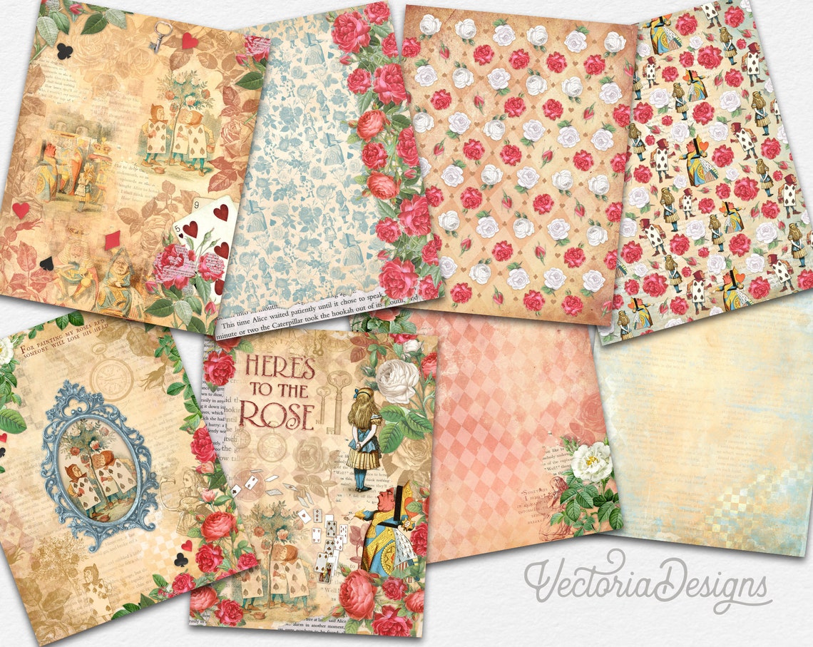 Alice's Roses Paper Pack, Alice Scrapbook Paper, Printable Alice Paper ...