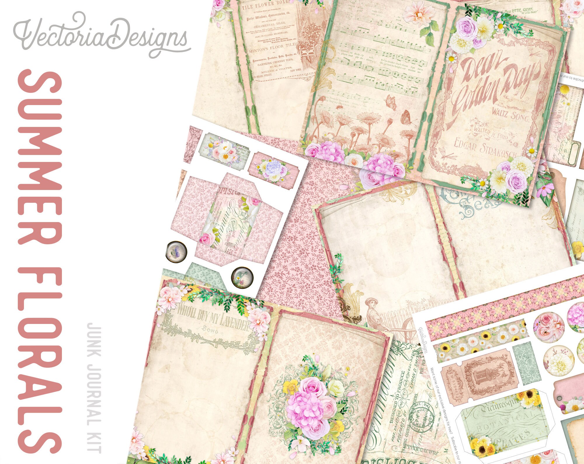 Summer Florals Junk Journal Kit, Journal Embellishments, Flower Junk ...