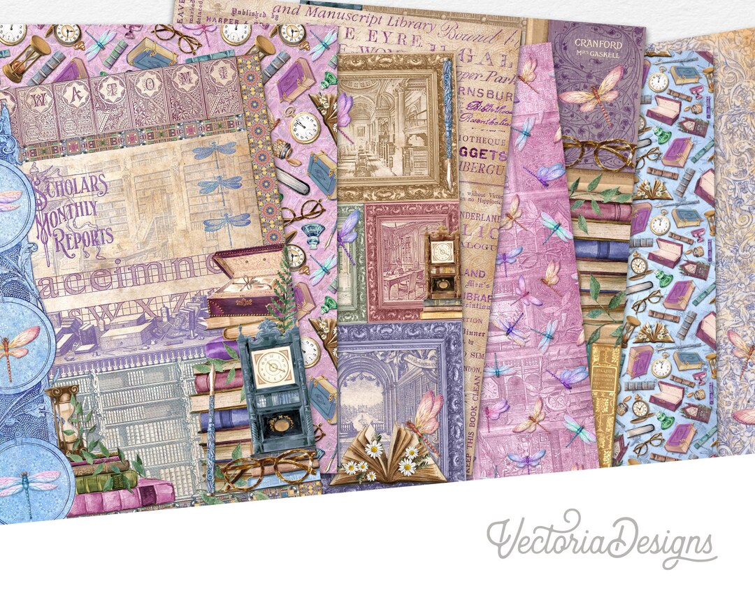 Books & Dragonflies Paper Pack, Book Paper Pack, Digital Paper ...