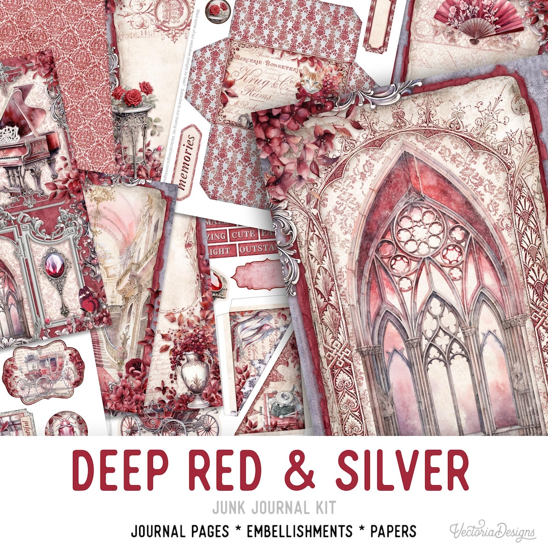 Deep Red & Silver Junk Journal Kit, Red Silver Junk Journal Kit Silver ...