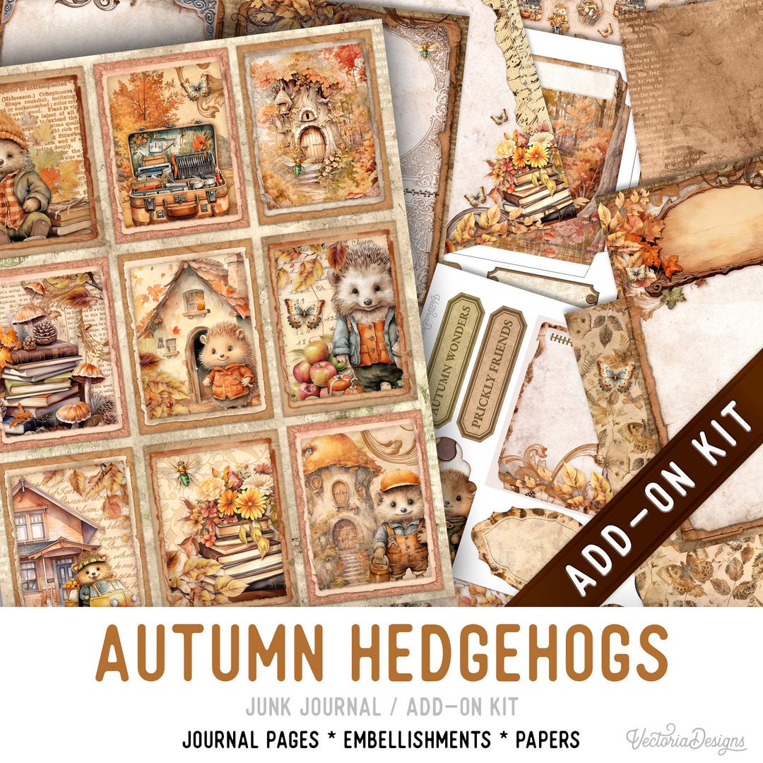 Autumn Hedgehogs Junk Journal Kit ADD-ON, Printable Junk Journal Pages ...