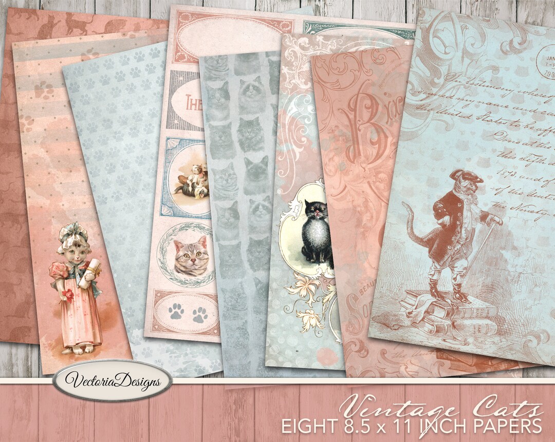 Vintage Cats Paper Pack, Printable Paper Pack, Digital Cats Paper ...