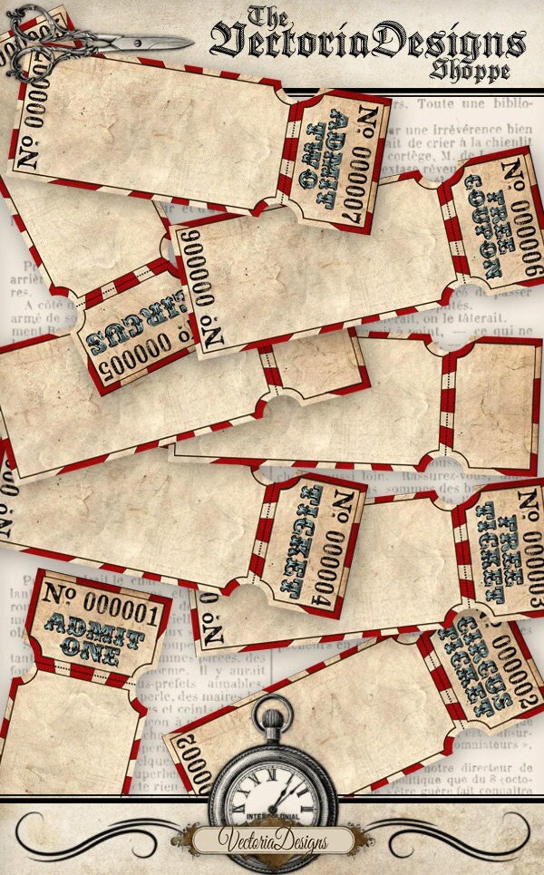 Grunge Circus Tickets, Digital Paper Printable, Vintage Circus Paper ...