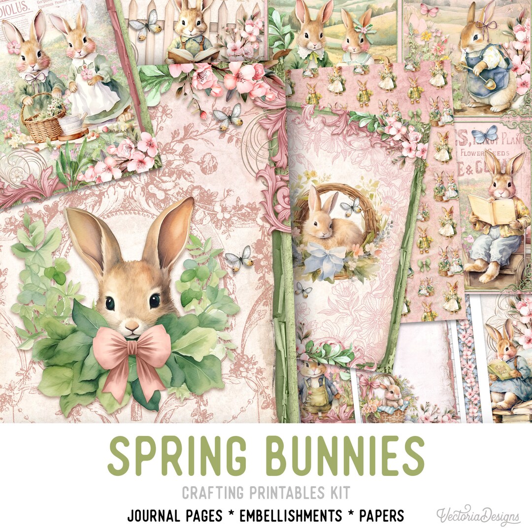 Spring Bunnies Junk Journal Kit, Bunny Crafting Printables Kit Bunny ...