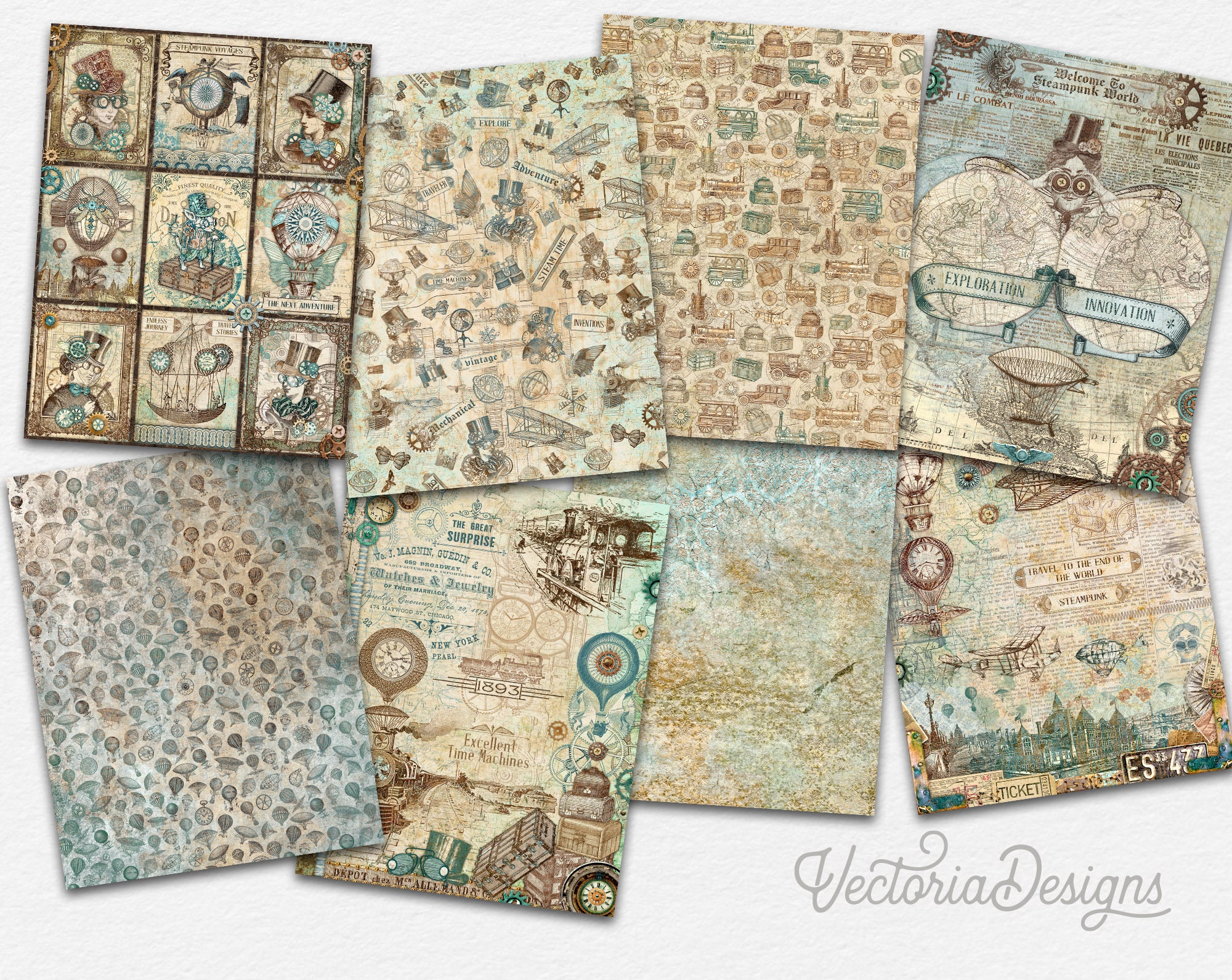 Steampunk Voyager Paper Pack, Steampunk Paper Pack, Digital Paper ...