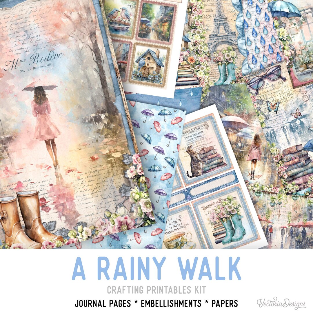 A Rainy Walk Junk Journal Kit, Rain Crafting Printables Rain ...