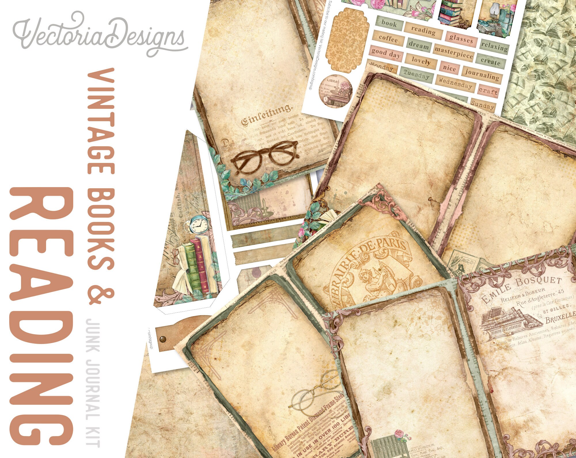 Vintage Books & Reading Junk Journal Kit, Books Journal, Printable Junk ...