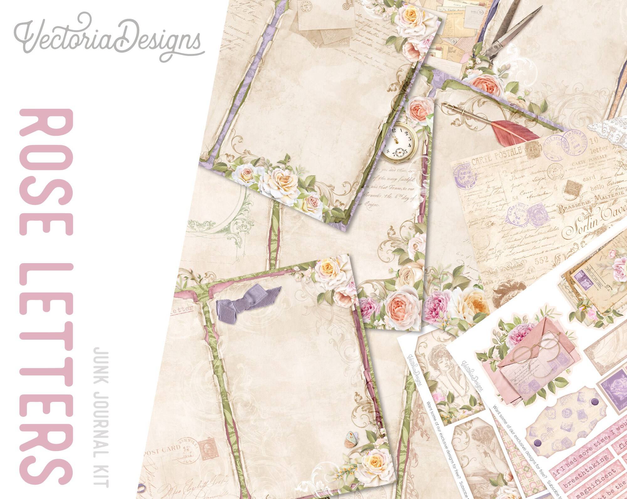 Rose Letters Junk Journal Kit, Rose Journal Pages, Rose Junk Journal ...