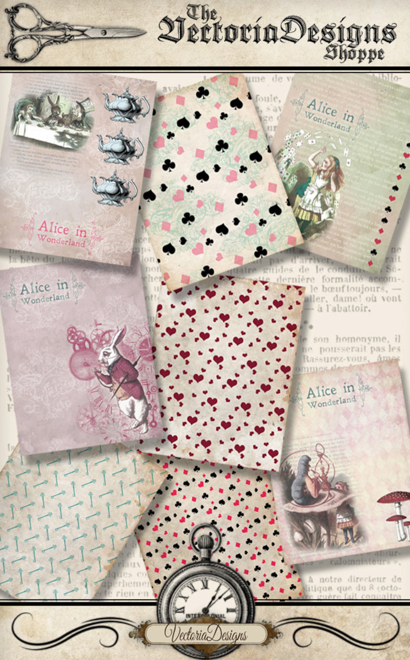 Alice in Wonderland Papers, Alice in Wonderland Decor, Scrapbook Paper ...