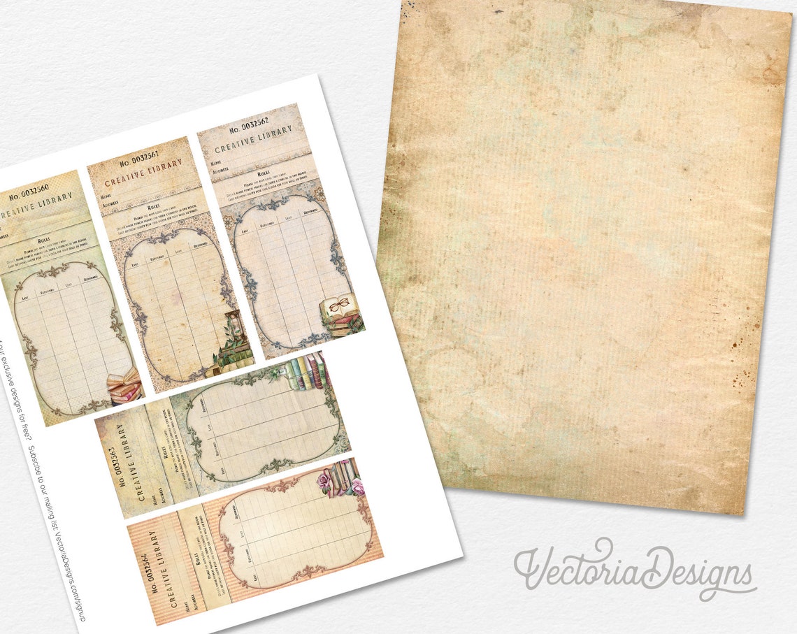 Romantic Old Library Cards, Printable Library Cards, Junk Journal ...