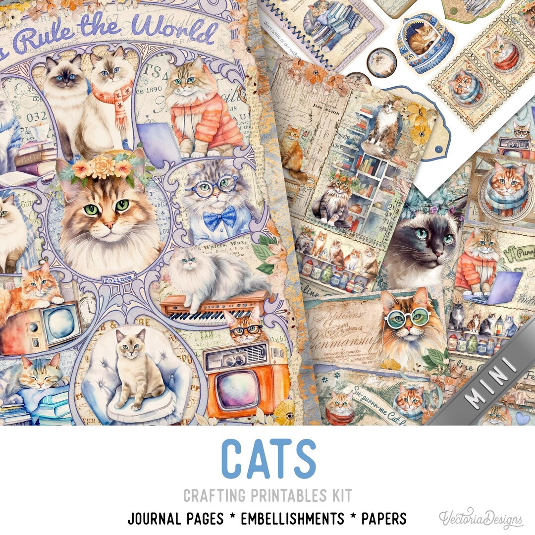 Cats Junk Journal Kit MINI Large, Crafting Printables Kit Junk Journal ...