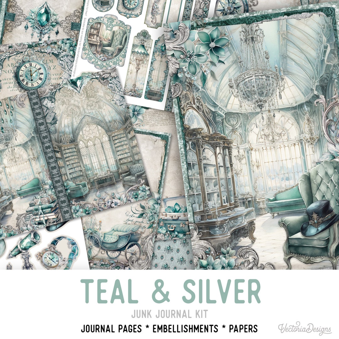 Teal & Silver Junk Journal Kit, Teal Printable Junk Journal Kit Silver ...