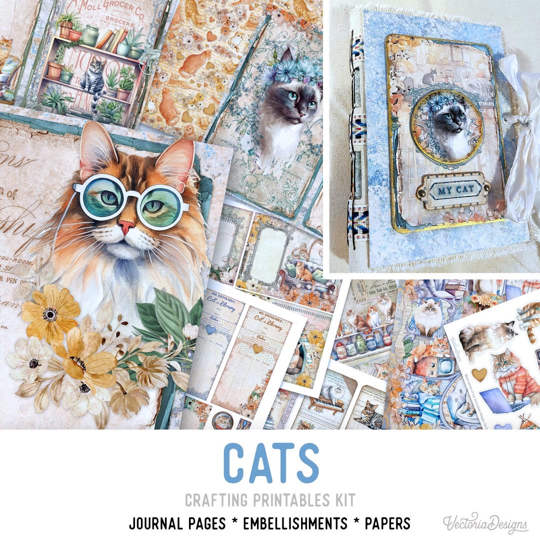 Cats Junk Journal Kit Large, Crafting Printables Kit Junk Journal Cats ...