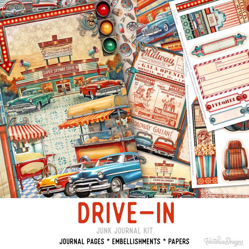 Drive-in Junk Journal Kit, Printable Junk Journal Kit Movies Drive-in ...