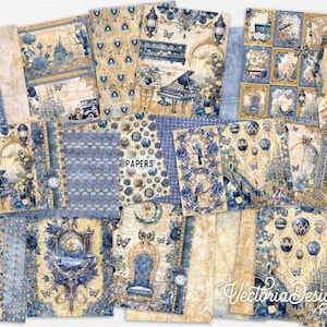 Navy Blue and Gold Junk Journal Kit, Blue Gold Crafting Printables Kit ...
