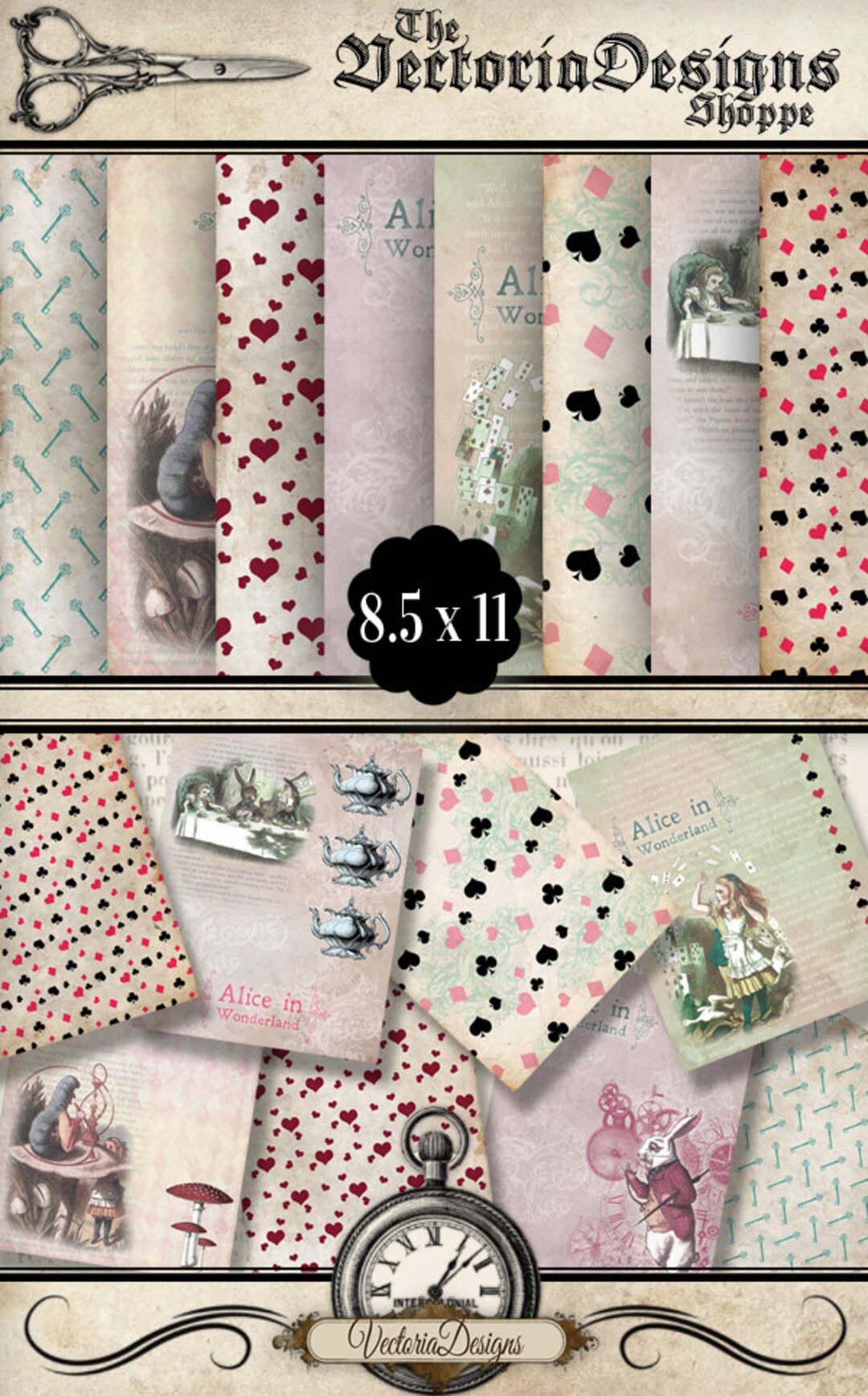 Alice in Wonderland Papers, Alice in Wonderland Decor, Scrapbook Paper ...
