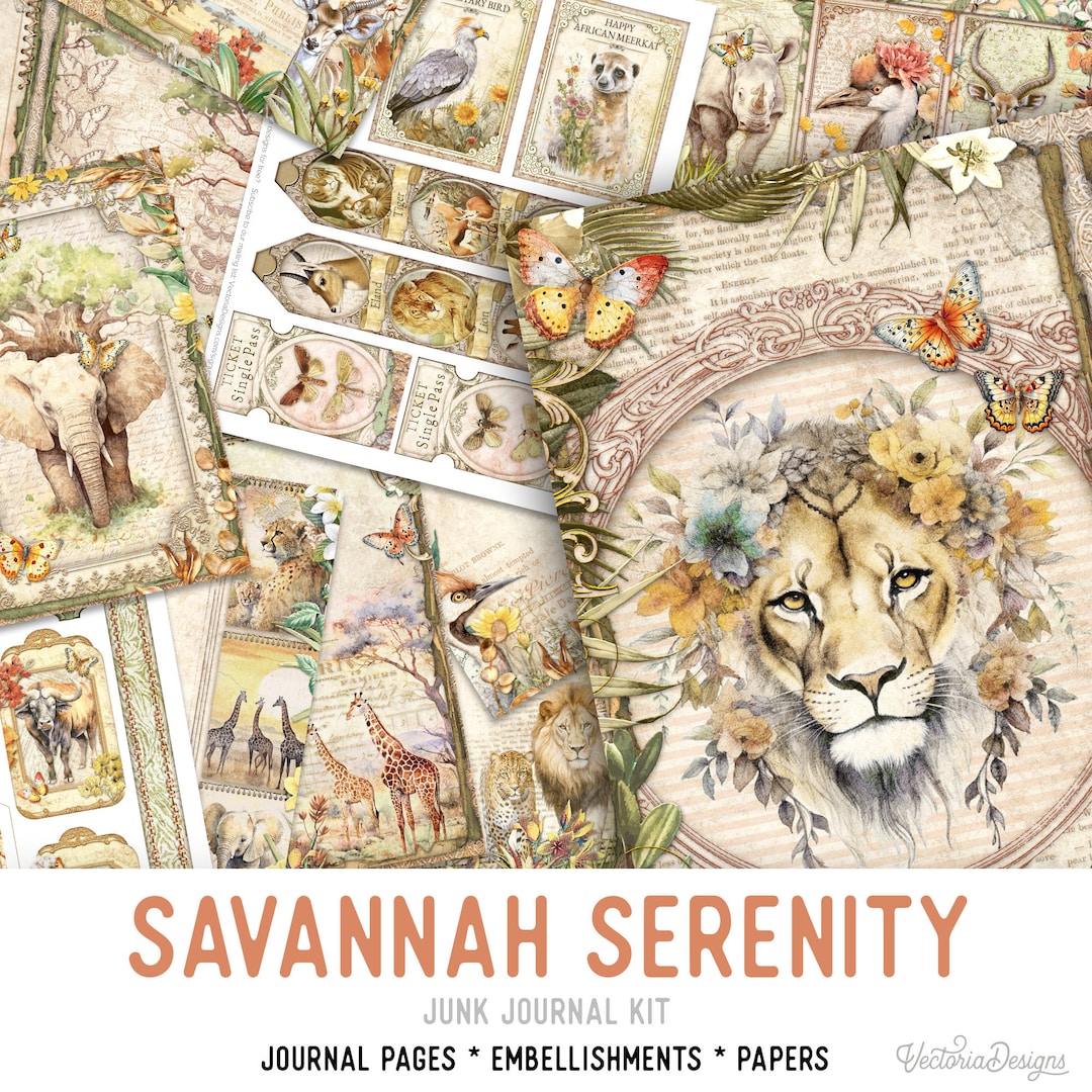 African Animals Junk Journal Kit, Savannah Printable Junk Journal Kit ...